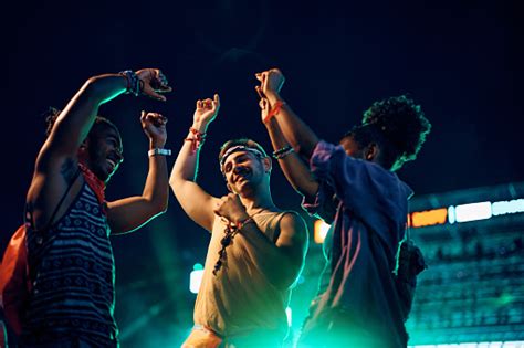 밤에는 여름 음악 콘서트에서 재미와 춤을 추는 축제 참석자 그룹 Popular Music Tour에 대한 스톡 사진 및 기타
