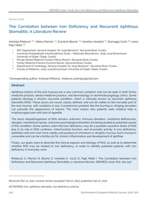 Pdf The Correlation Between Iron Deficiency And Recurrent Aphthous Stomatitis A Literature Review