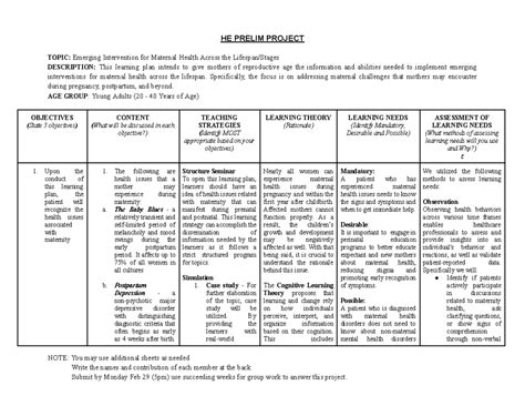 HE Teaching PLAN HE PRELIM PROJECT TOPIC Emerging Intervention For Maternal Health Across The