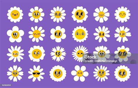 Ilustrații De Stoc Cu Flori De Margarete De Desene Animate Fata Retro De Flori Zambet Personaje