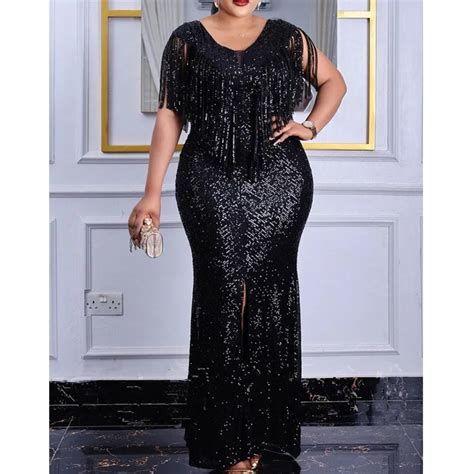 Sexy Women Sequin Dress Blingbling Tassel Sleeveless Fringes Long