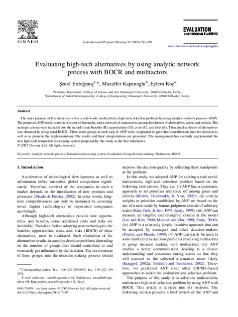 Pdf Evaluating High Tech Alternatives By Using Analytic Network