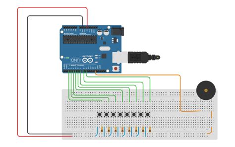 circuit design arduino piano with buzzer and push buttons tinkercad