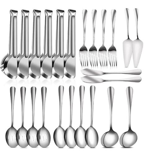 Stainl24피스 실버웨어 세트 스테인리스 스틸 서빙 기구 튼튼한 플랫웨어 대형 수프 스푼 주걱 포크 티몬