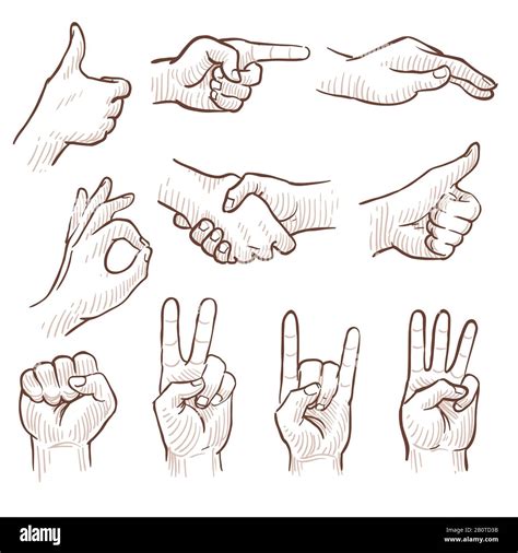 Hand Drawing Sketch Man Hands Showing Different Gestures Vector Set