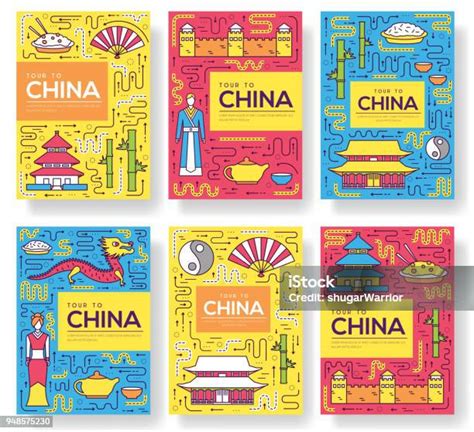중국 벡터 브로셔 카드 선 집합입니다 국가 여행 Flyear 잡지 포스터 책 표지 배너 서식 파일 레이아웃 문화 기념물 개요 삽화 현대 페이지 0명에 대한 스톡 벡터 아트
