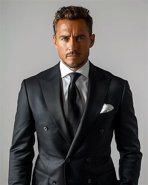 A Man In A Suit Stands In Front Of A Picture Of A Man Premium Ai