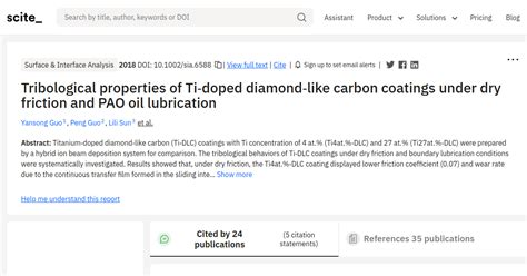 Citation Report Tribological Properties Of Ti‐doped Diamond‐like Carbon Coatings Under Dry