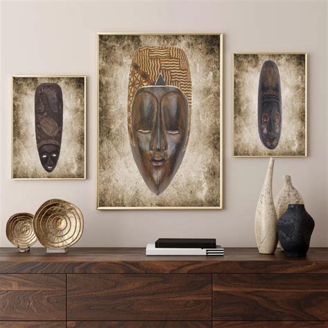 African Tribal Mask Wall Art Set Ethnic Vintage Print Trio Cultural