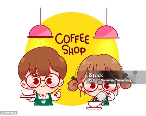 귀여운 커플 바리스타 에 앞치마 커피 만들기 만화 캐릭터 일러스트 개념에 대한 스톡 벡터 아트 및 기타 이미지 개념 귀여운 기계류 Istock