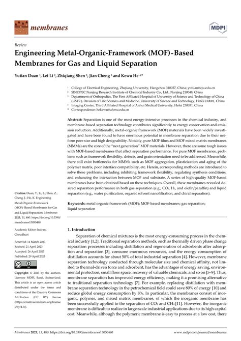 Pdf Engineering Metal Organic Framework Mof Based Membranes For Gas