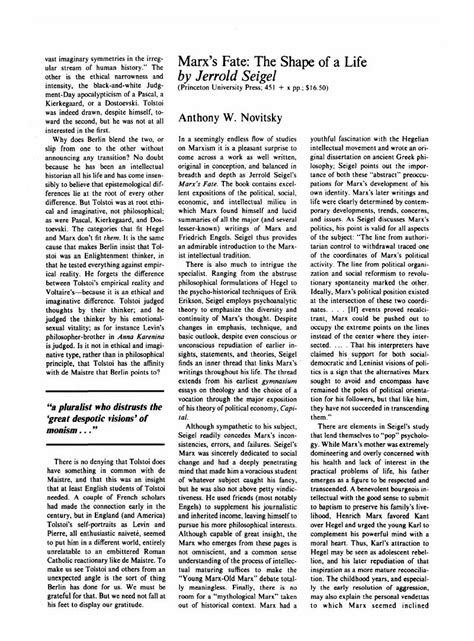 Marxs Fate The Shape Of A Life By Jerrold Seigel Princeton University Press 451 X Pp 16