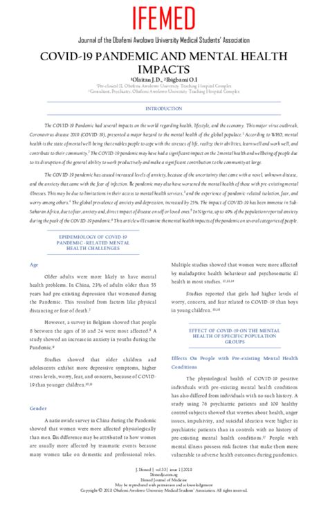 Pdf Covid 19 Pandemic And Mental Health Impacts