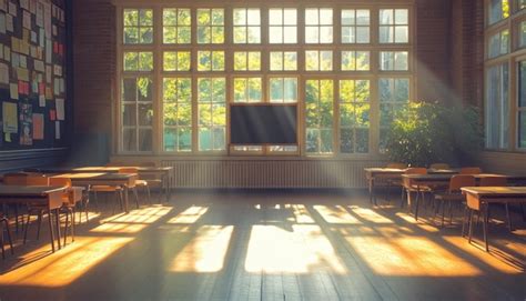 Sunlit Classroom With Empty Desks And Chairs Large Windows Showing