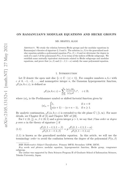 Pdf On Ramanujans Modular Equations And Hecke Groups