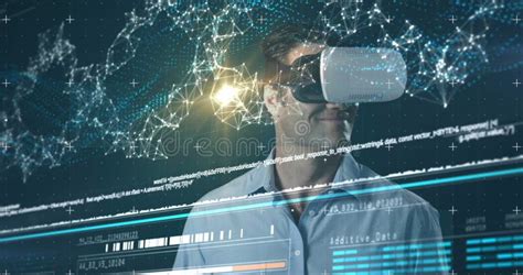 Digital Interface With Data Processing Against Man Wearing Vr Headset