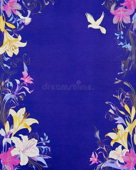 Elegant Lilies And Doves Border On Royal Blue Background Floral Art