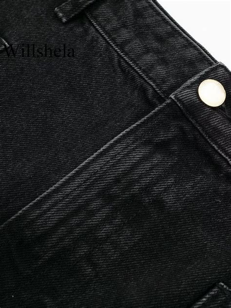 Badu Bg Willshela Дамска мода с джобове Дънкови черни миди поли с преден цип Винтидж Дамски