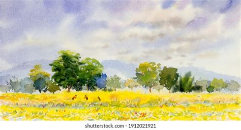 Watercolor Landscape Painting Panorama Colorful Natural Stock
