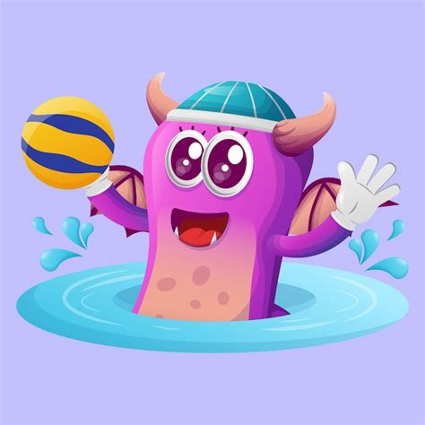 Monstro Roxo Bonito Jogando Pólo Aquático Vetor Premium