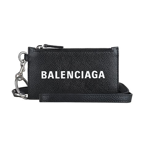 Balenciaga 巴黎世家 燙印logo霧銀釦設計壓紋牛皮4卡頸掛式拉鍊卡片零錢包黑 歐系精品包配件 Yahoo奇摩購物中心