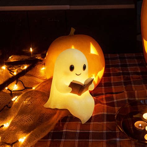 Cute Ghost Reading Book Lamp Halloween Light Up Ghost Statue Night