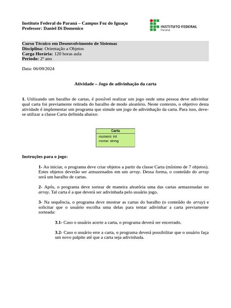 aula7 arrays objetos atividade jogo cartas pdf classe programação