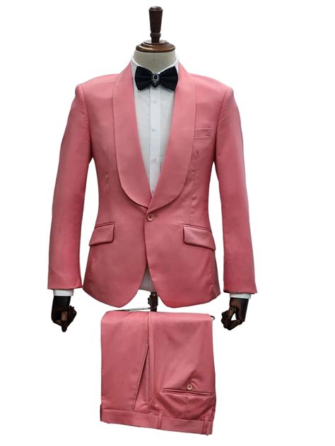 Mens Coral 2 Piece Slim Fit Suit 1 Button Shawl Lapel With Flat Fron