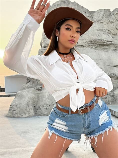 Shein Ezwear Plus Western Cowgirl Solid Button Front Shirt Without Bra
