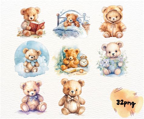 Chubby Teddy Bear Watercolor Clipart Kawaii Cartoon Teddy Bear Toy