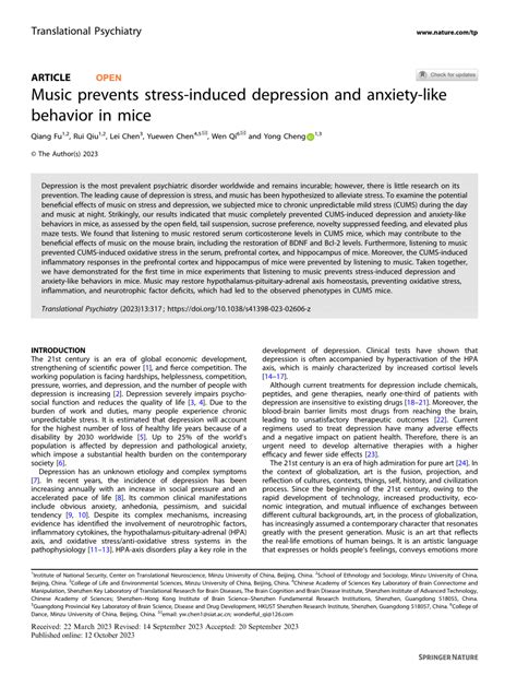 Pdf Music Prevents Stress Induced Depression And Anxiety Like