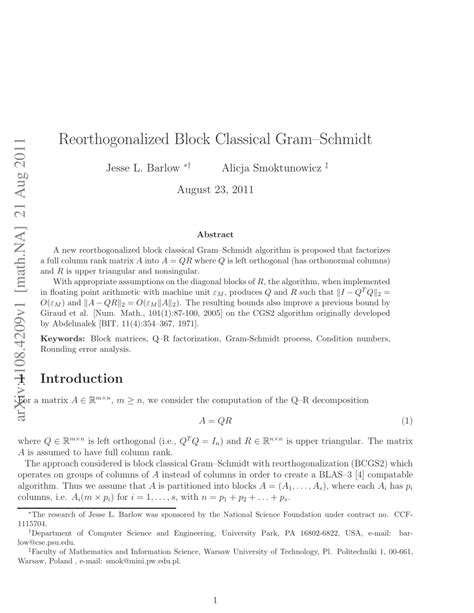 PDF Reorthogonalized Block Classical Gram Schmidt