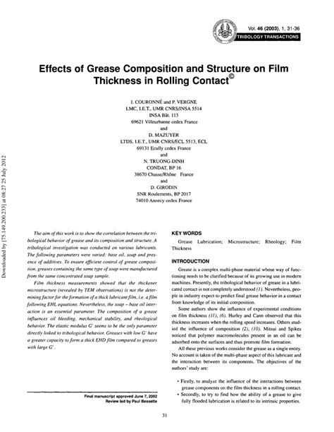 Pdf Effects Of Grease Composition And Structure On Film Thickness In
