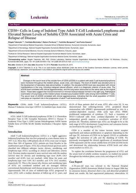 Pdf Cd30 Cells In Lung Of Indolent Type Adult T Cell Leukemia
