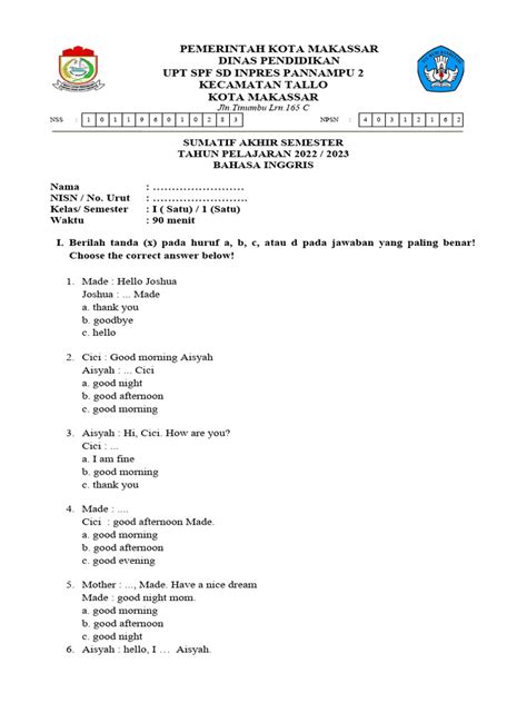 Soal Sumatif Pas Bahasa Inggris Kelas I Semester 1 Fix Pdf