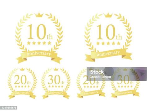 황금 월계수 화환 크라운 스타 리본의 기념일 엠블럼 세트 10주년에 대한 스톡 벡터 아트 및 기타 이미지 10주년 리본 0명 Istock