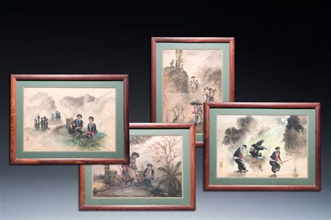 Pham Minh Duc Vietnam 20th C Four Various Landscapes With Figures Ink And Colour On Paper