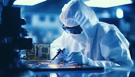 Scientist In Coveralls Working On A Processor Chip In A Laboratory