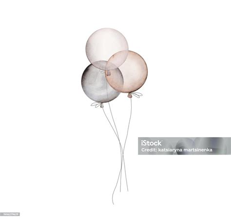 흰색 바탕에 수채화 노란색 풍선 파티 초대를 위한 생일 풍선 자연스러운 색조의 둥근 풍선 공 흰색 베이지 색 갈색 회색 금색