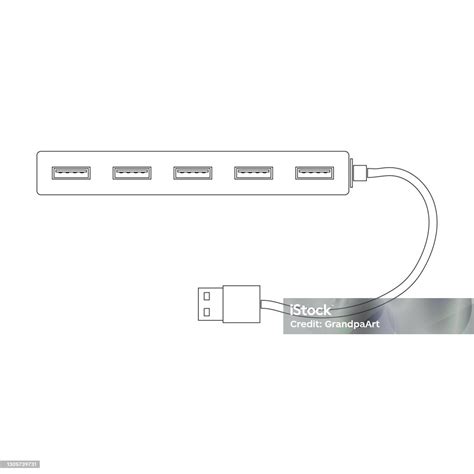 단일 열 Usb 포트 및 케이블이 있는 윤곽 설계의 직사각형 Usb 허브 컴퓨터 또는 랩톱용 스플리터입니다 플랫 벡터 일러스트레이션 Usb 포트에 대한 스톡 벡터 아트 및