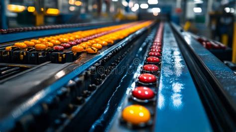 Close Up Of Industrial Conveyor Belt With Orange And Red Objects Stock Illustration