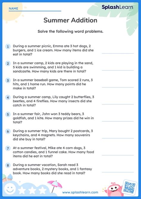 Add 3 Numbers Within 10 Summer Word Problems — Printable Math Worksheet