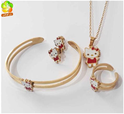 سرویس هلو کیتی استیل بچه گانه گردنبند، دستبند، گوشواره، انگشتر