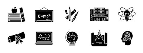 교육 블랙 아이콘 세트입니다 학교 대학 및 학습 기호 모음 지식 연구 및 학술 연구 벡터 일러스트 레이 션 교실 졸업장 학생 및 과학 그림 문자 문자 모양 세트 검은색에