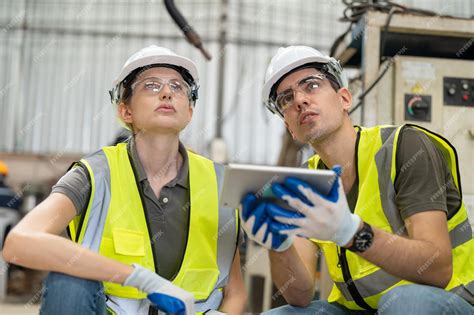 Premium Photo Male And Female Automation Engineer Using Tablet Inspection Robot Arm Welding