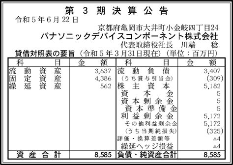 パナソニックデバイスコンポーネント株式会社 第3期決算公告 官報決算データベース