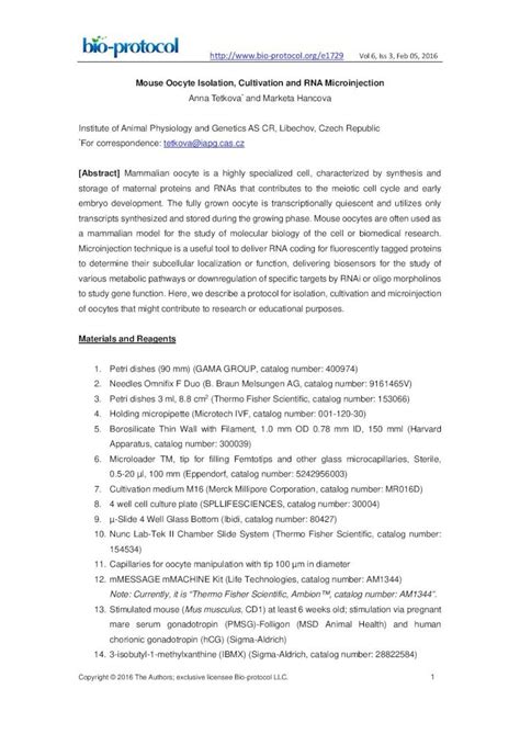 Pdf Mouse Oocyte Isolation Cultivation And Rna Microinjection