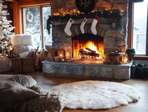 Cozy Cabin Interior With Fireplace And Christmas Decorations Stock