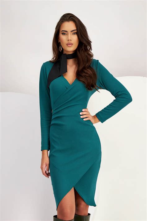 Green Crepe Knee Length Pencil Dress With Wrapover Neckline Starshiners