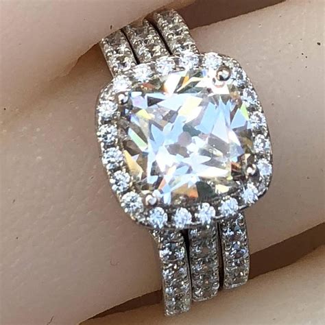 Wedding Ring Set Cushion Simulated Diamond Ring Engagement Etsy
